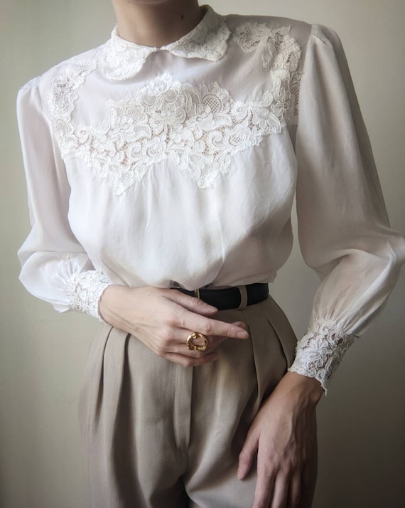 UNIQUE handmade edwardian blouse lace white 1940 XXS/… - Gem