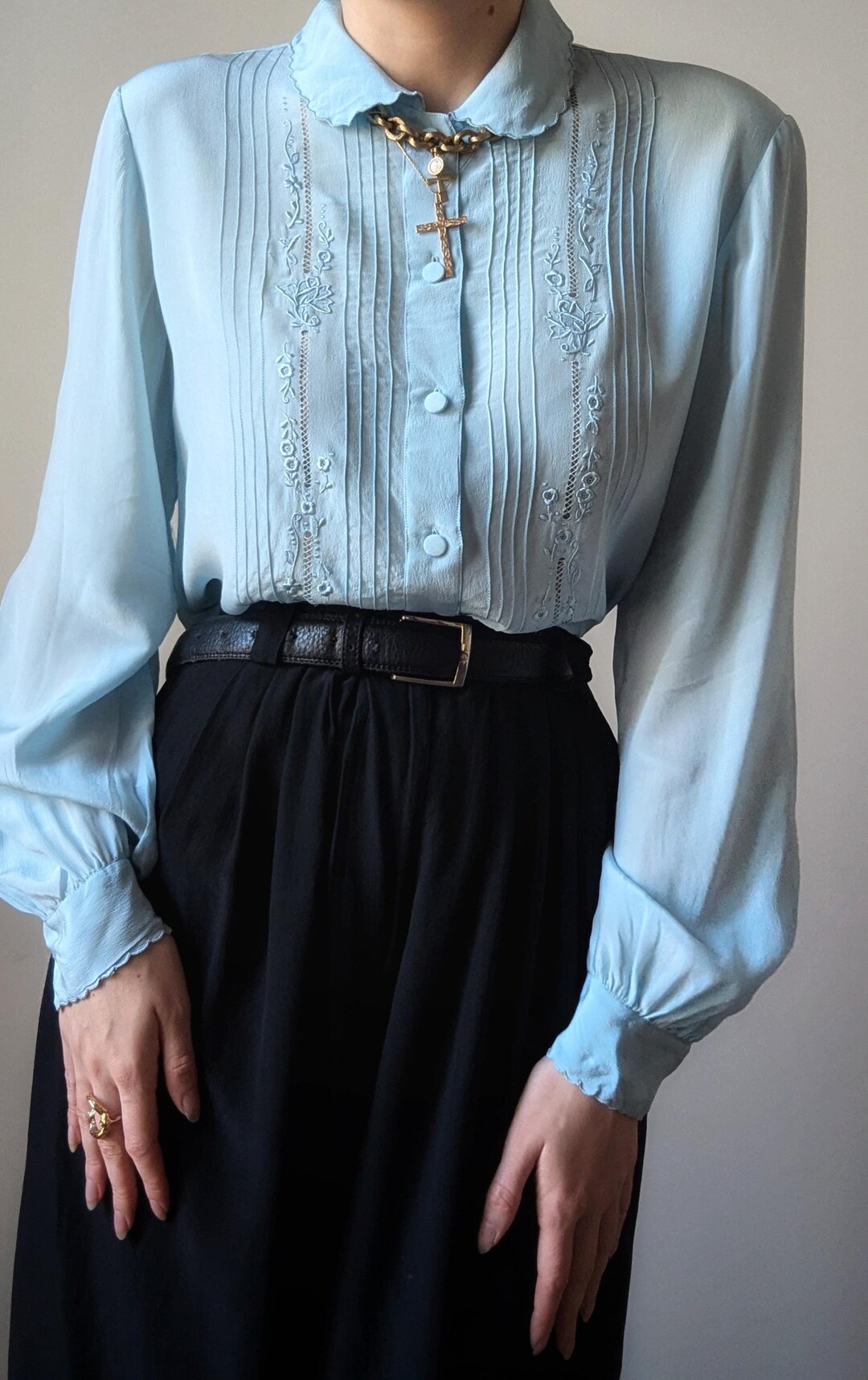 RARE Vintage 1970 Handmade Pure Silk Sky Blue Silk Shirt With Romantic ...