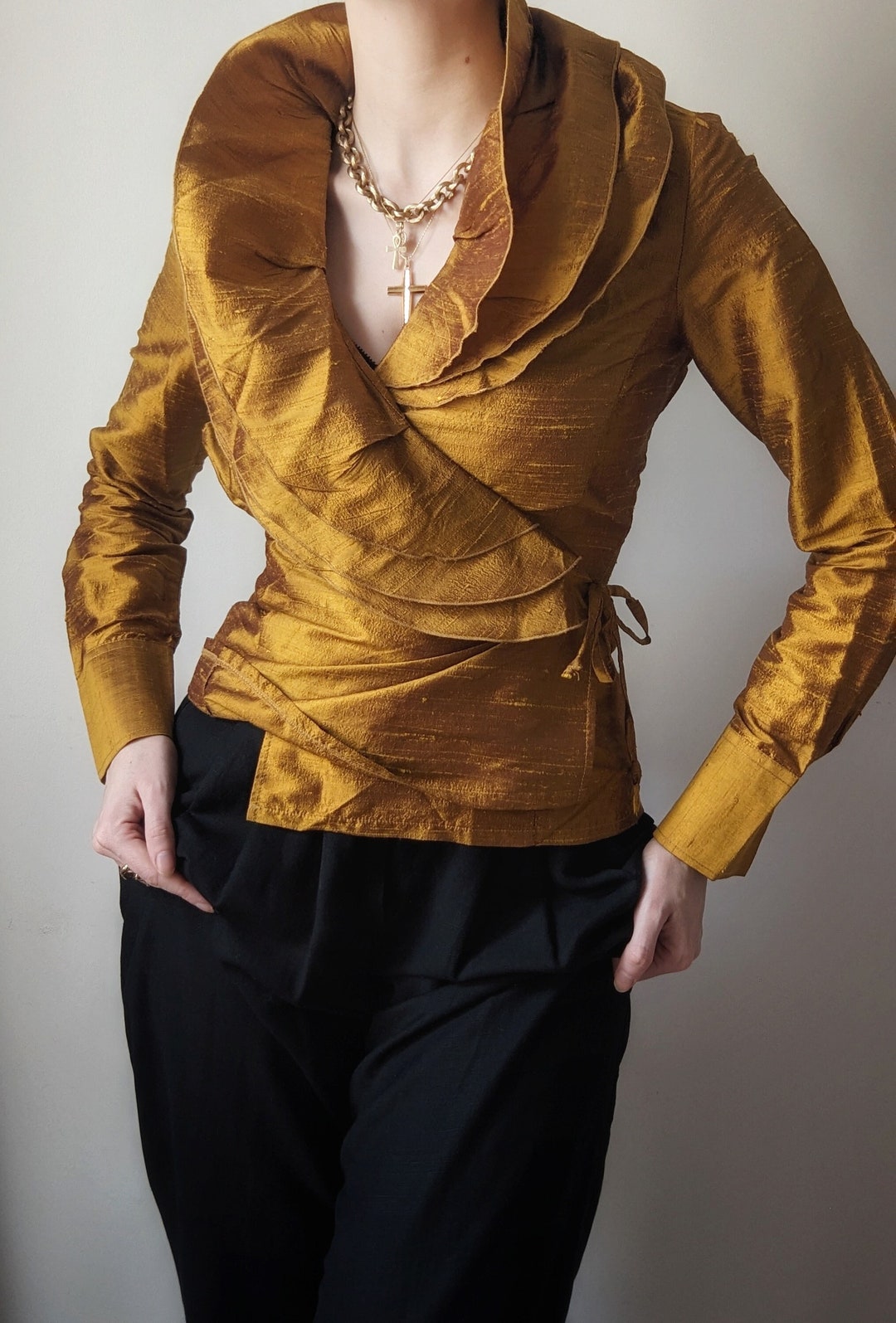 SUPER RARE Vintage Wild Silk Gold Wrap Blouse Dramatic Xs/s - Etsy