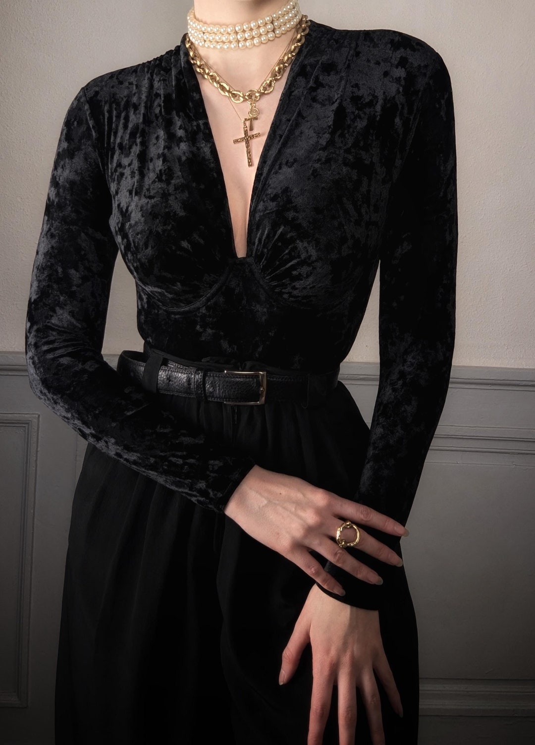 SUPER RARE Vampire Goth Black Velvet Bodysuit Ravage French Dramatic XS ...