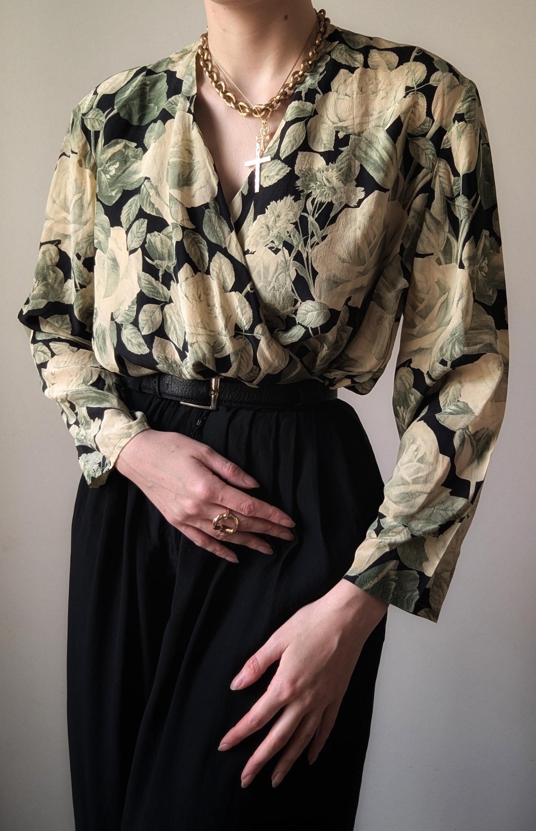 RARE Pure Silk Vintage Italian Draped Blouse Romantic Roses Print S - Etsy