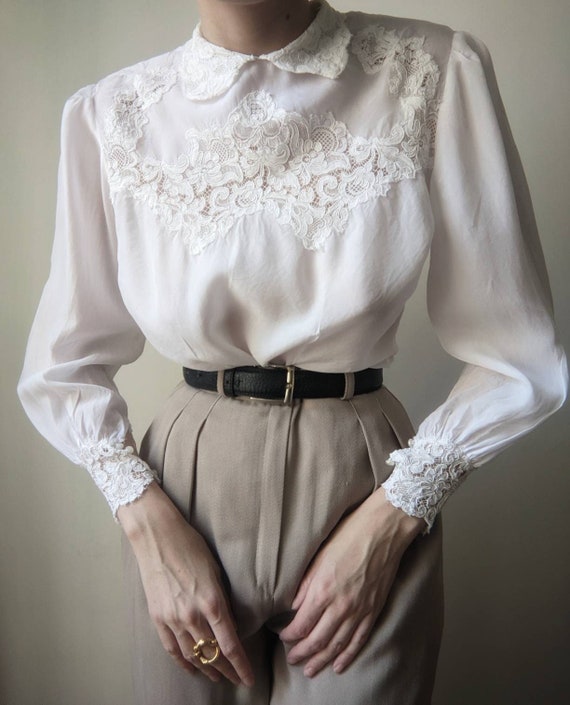 UNIQUE handmade edwardian blouse lace white 1940 XXS/… - Gem