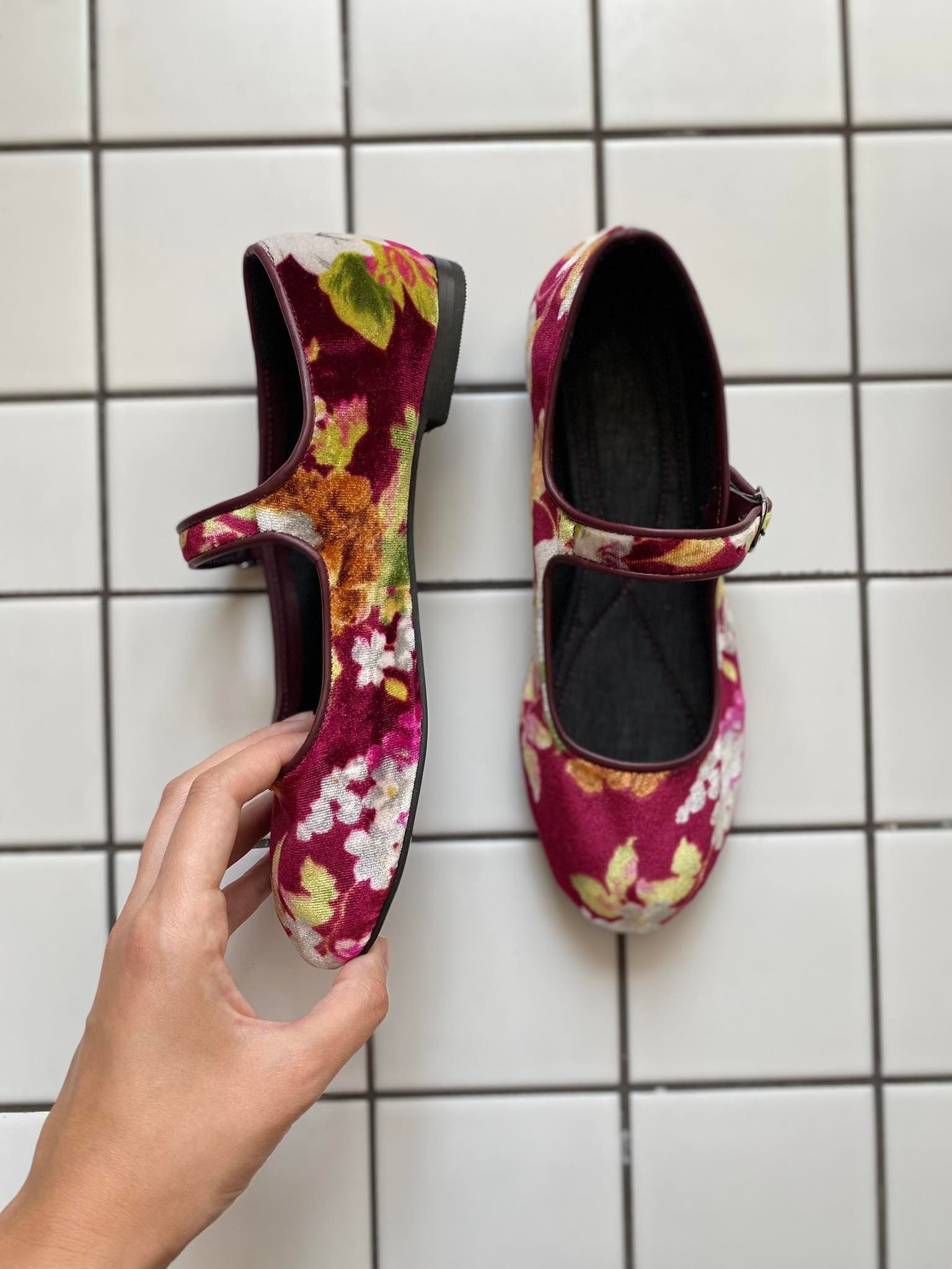 Red Flowers Velvet Mary Jane Shoes Women's Mary Janes - Etsy