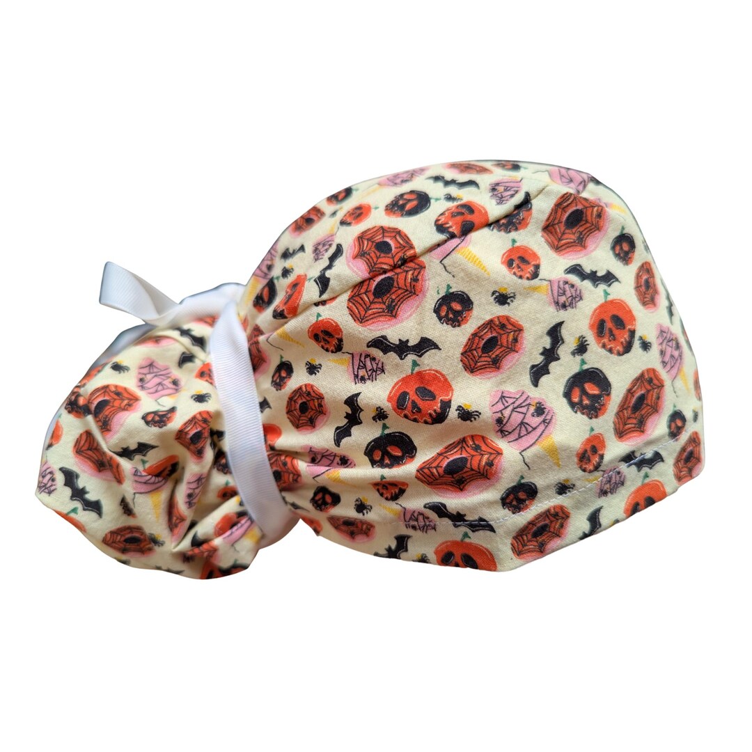Halloween Treats Bat Skull Spider Donut Doughnut Ponytail Scrub Cap ...