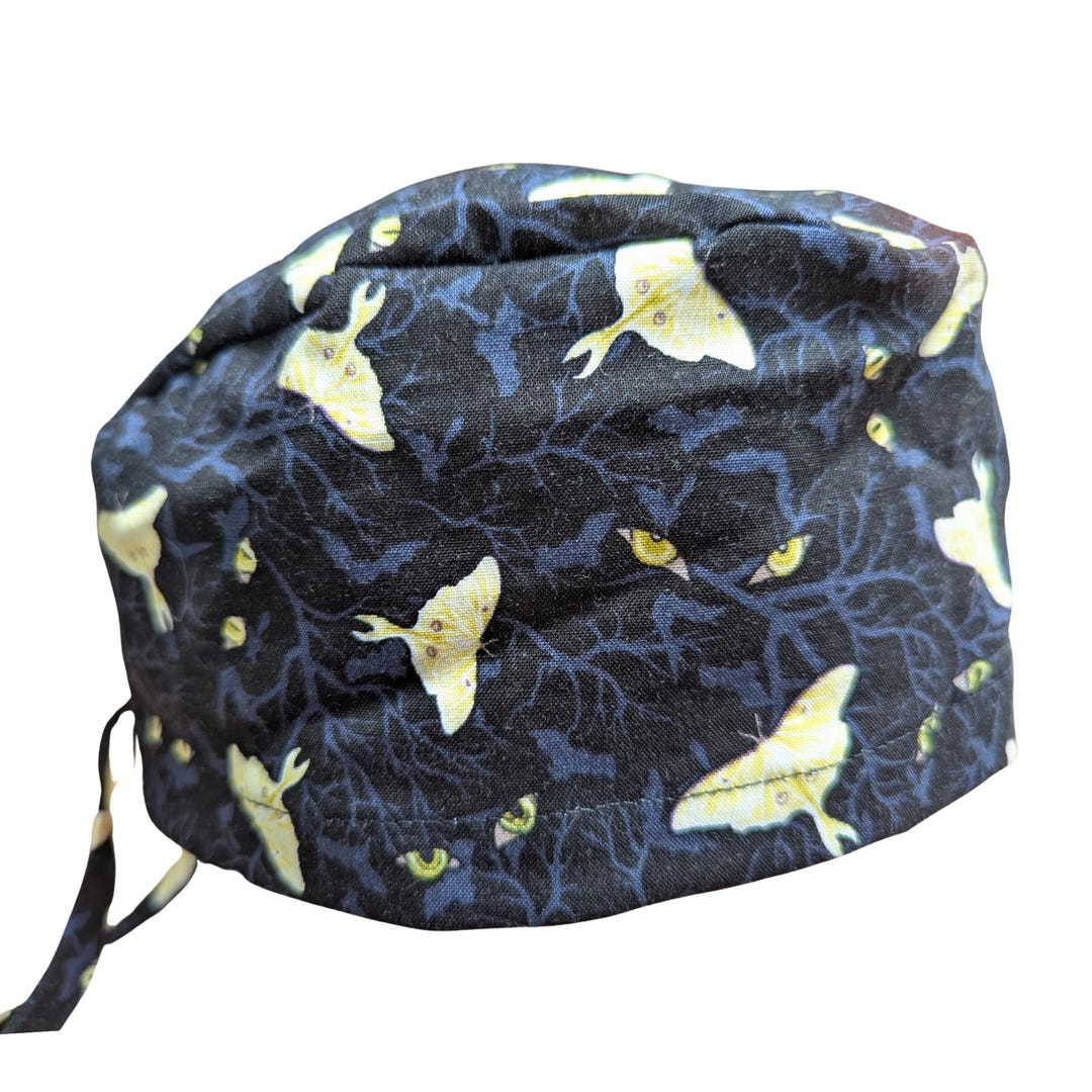 Black Cat Luna Moth Raven Classic Scrub Cap Tie Back or Elastic Button ...