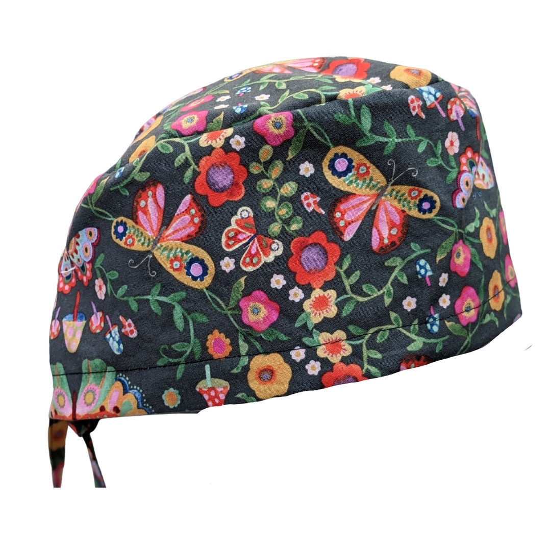 Emerald Garden Butterfly Mushroom Scrub Cap Classic Tie Back or Elastic ...