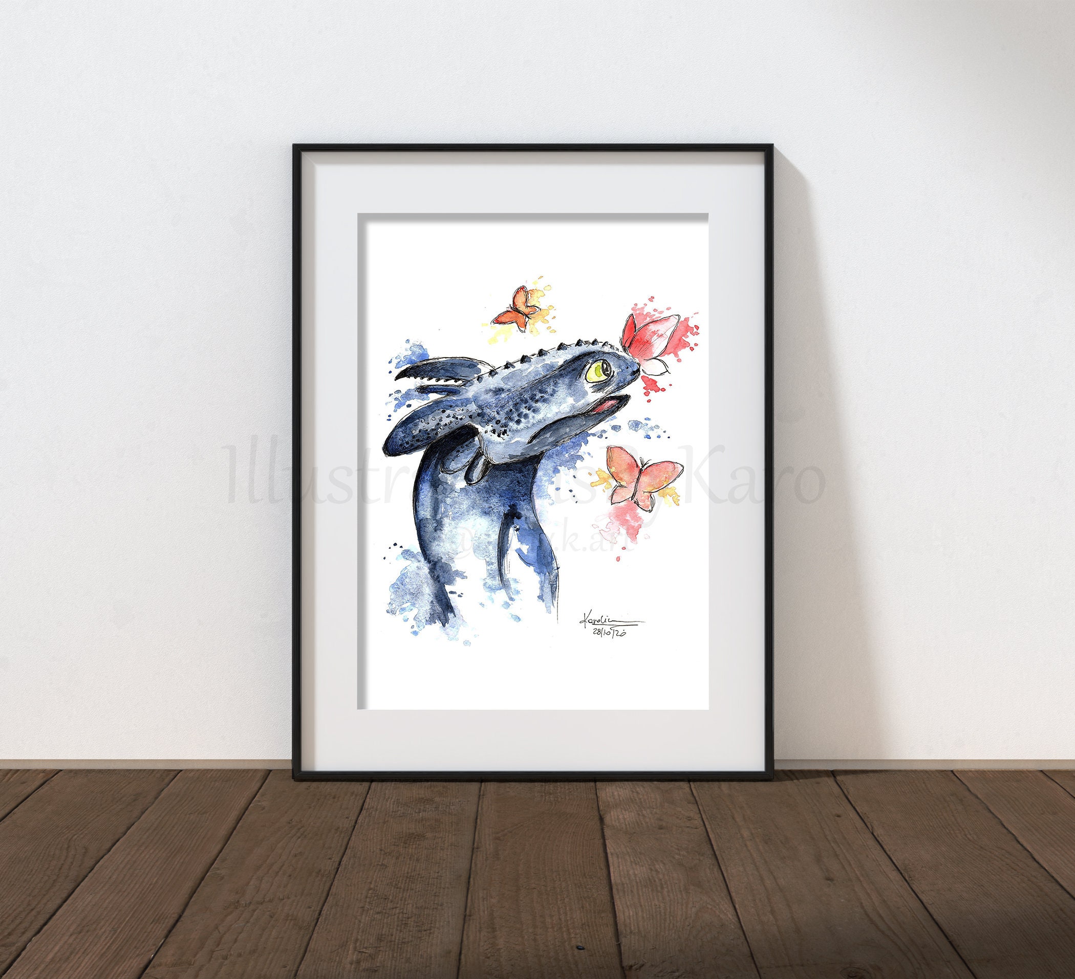 Toothless Inspired Artwork Dragon With a Butterfly A5 A4 - Etsy