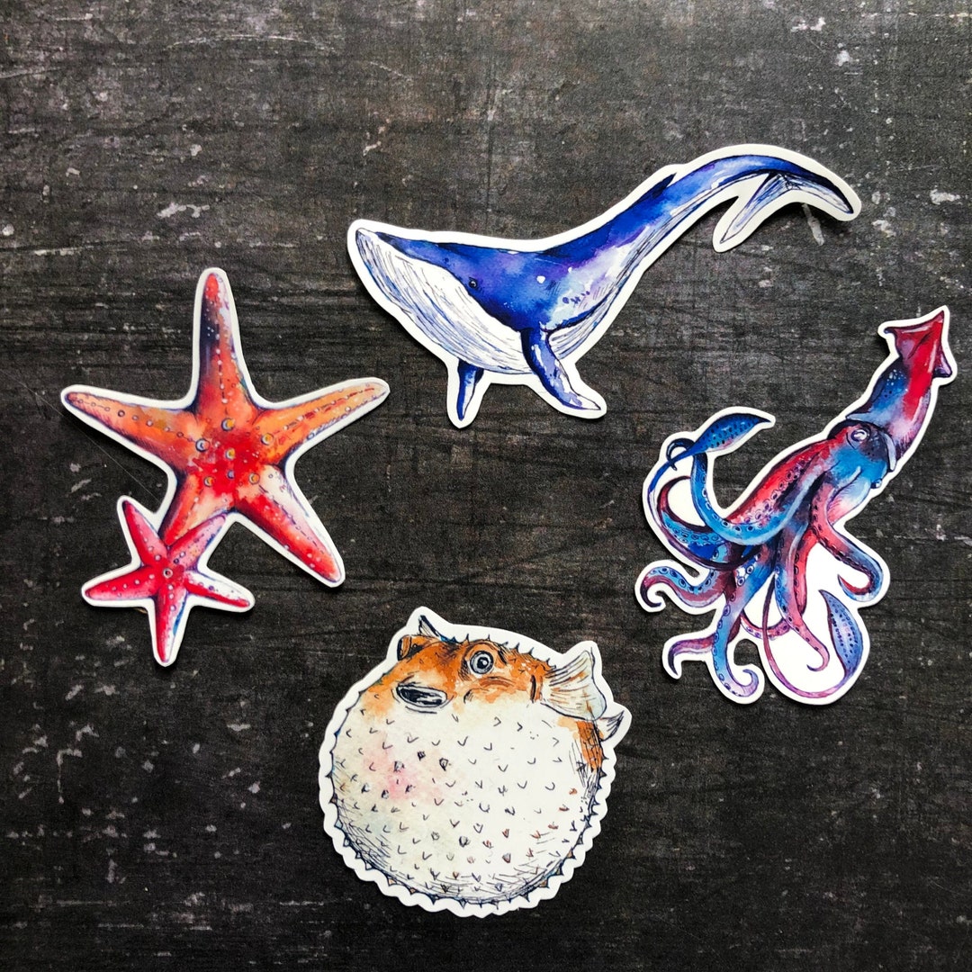 Sea Life Stickers Single, Pack of 2 or 4 / Puffer Fish, Blue Whale ...