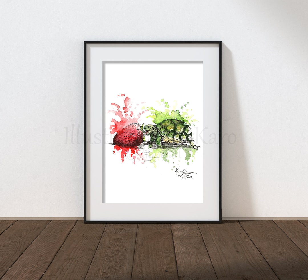 Tortoise Eating Strawberry A6, A5, A4 / Ink Watercolor Illustration ...