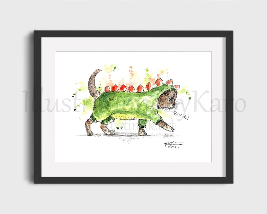 Cat in Dinosaur Costume Prints A4, A5, A6 / Watercolour Cat, Prints ...
