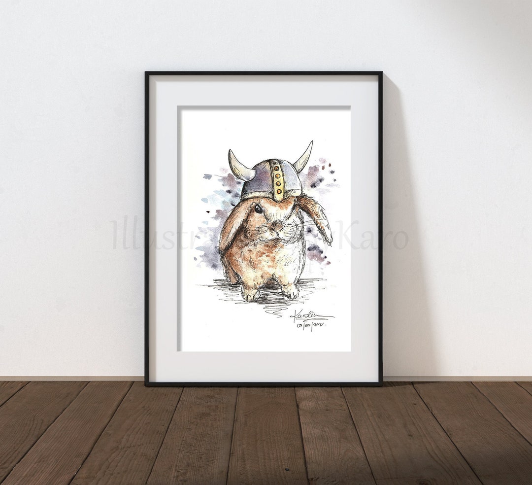 Cute Viking Bunny Watercolor Splash Illustration A6 A5 A4 / Rabbit ...