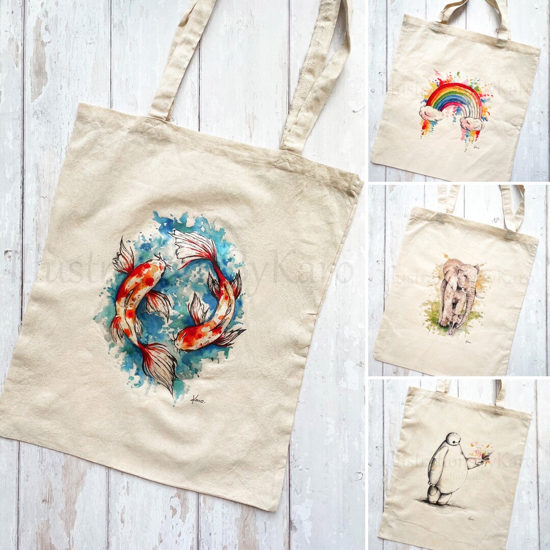 Custom tote bag watercolor designs / koi carp, elephants, baymax ...