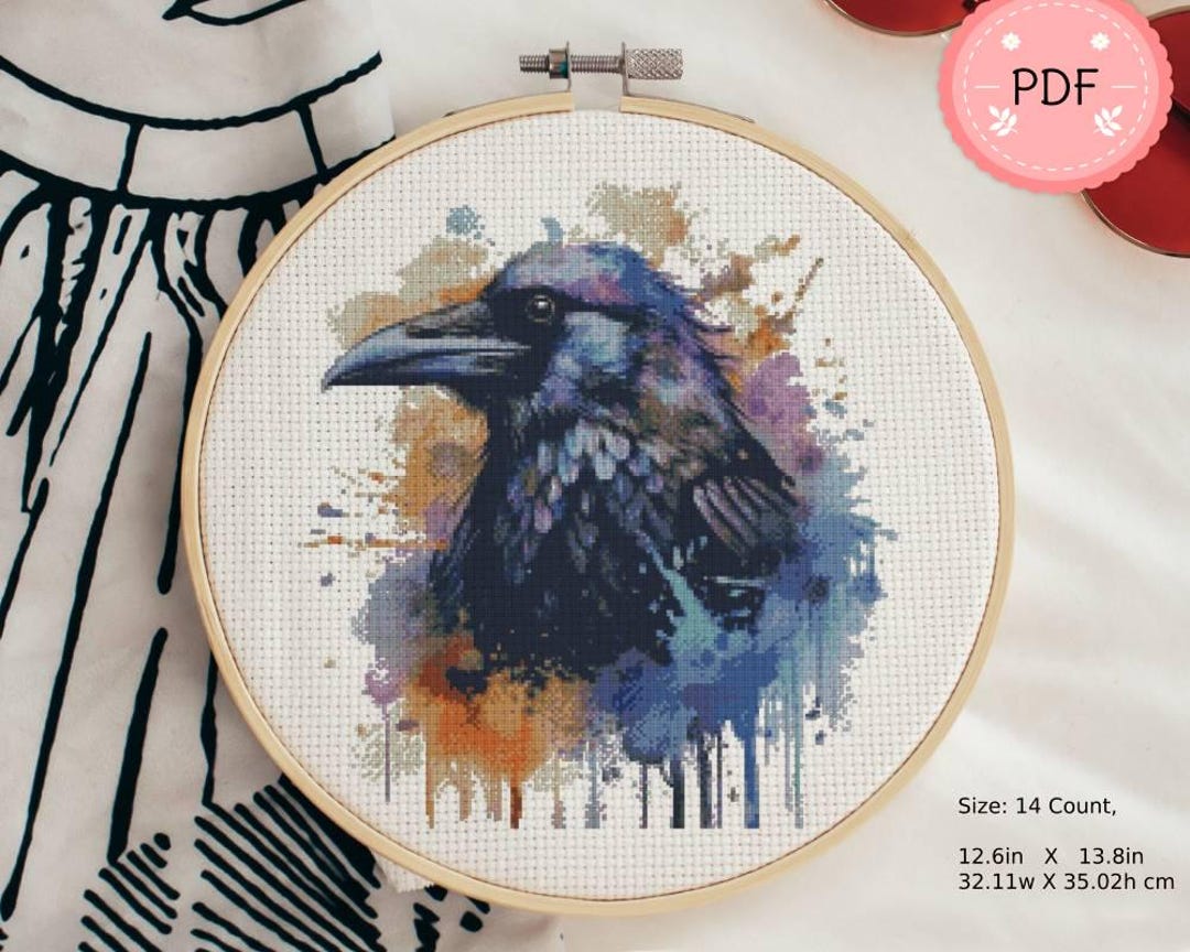 Raven Cross Stitch Pattern: Watercolor Gothic Crow (PDF Download) - Etsy