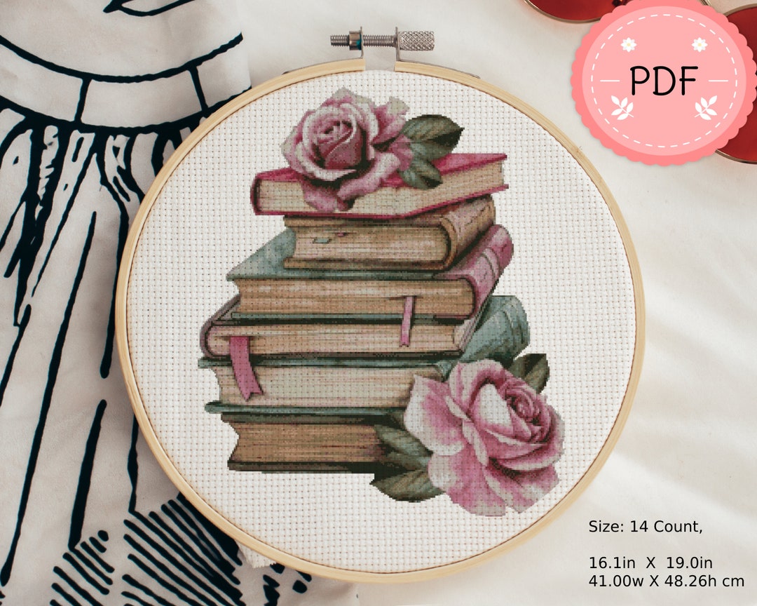 Book Cross Stitch Pattern, Books and Roses , Pdf Instant Download ...
