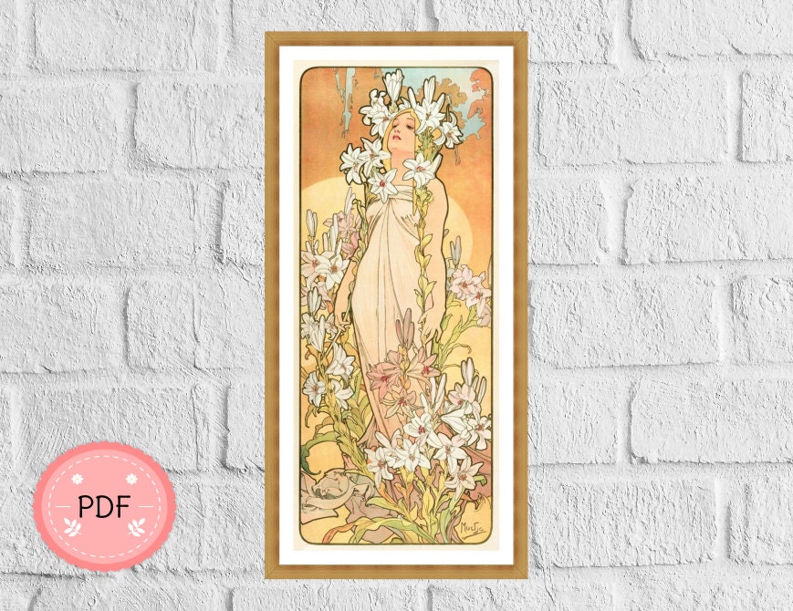 Lily Cross Stitch Pattern,the Flowers Lily by Alphonse Mucha , Pdf ...