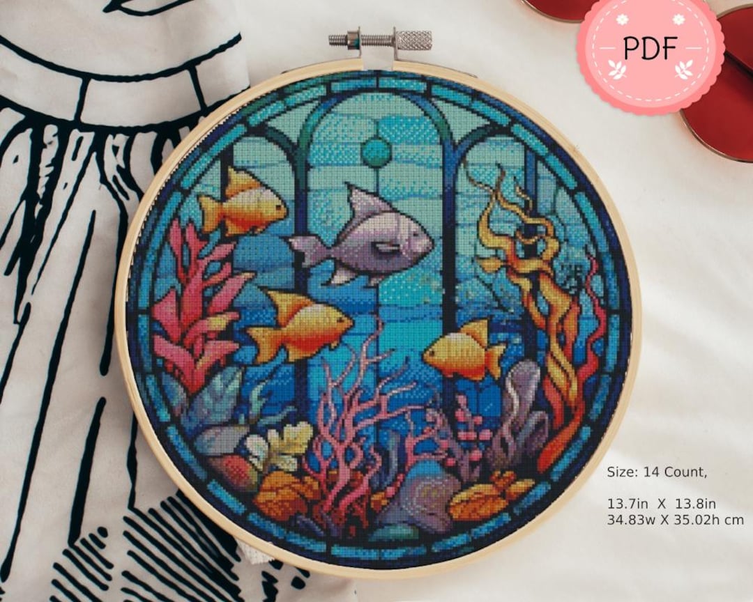 Stained Glass Underwater Cross Stitch Pattern: Ocean Scene (PDF Pattern ...