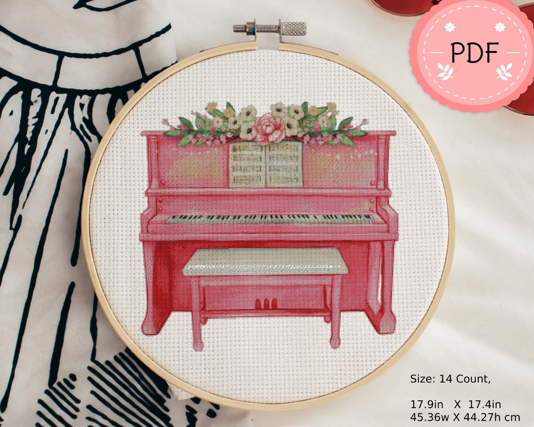 Pink Piano Cross Stitch Pattern, Piano and Flowers, Pdf Instant ...
