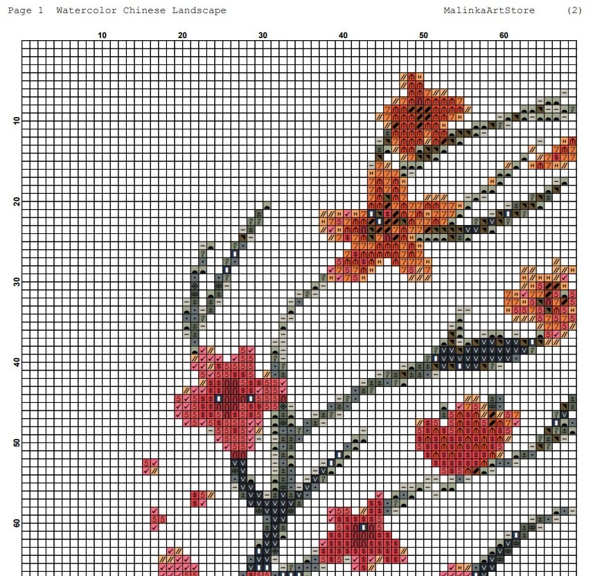 Watercolor Chinese Landscape Cross Stitch Pattern: Asian Cherry Blossom ...