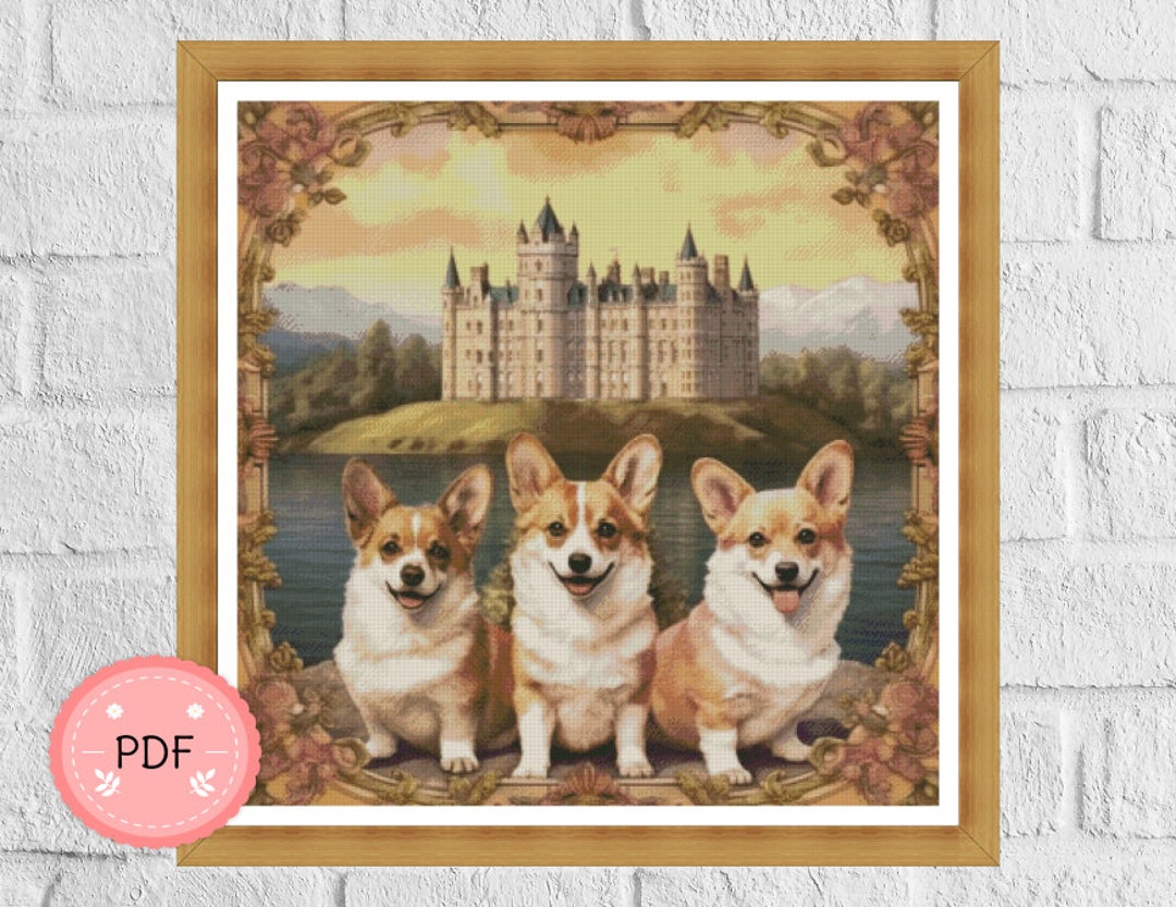 Dog Cross Stitch Pattern,three Corgis With Castle,tapestry,pdf,instant Download ,X Stitch Chart ...