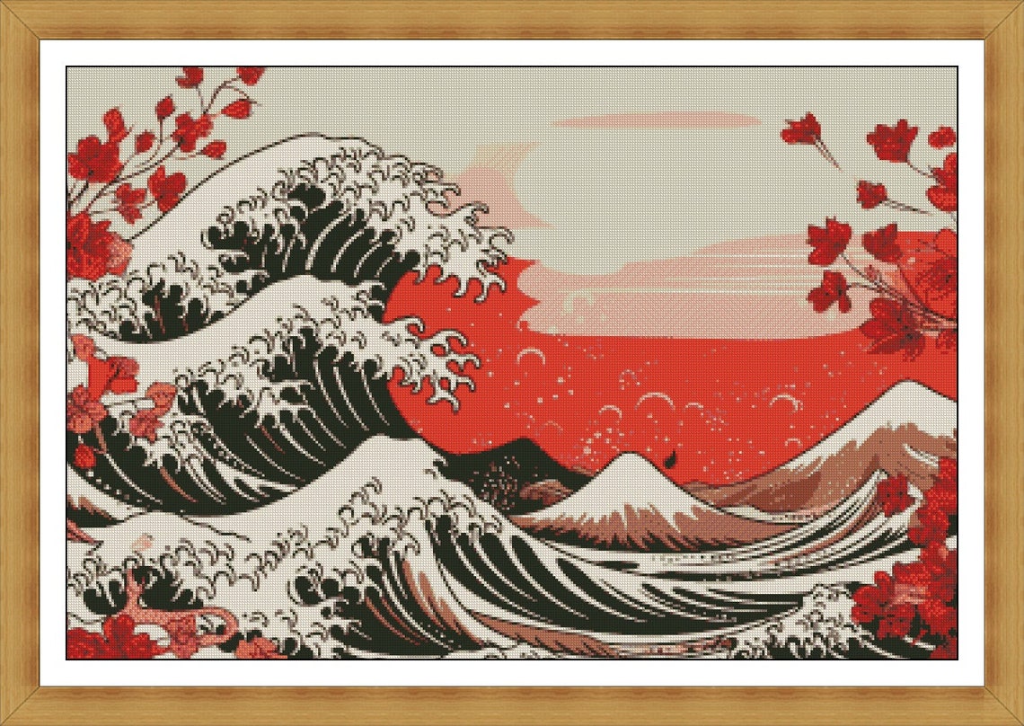 Cross Stitch Pattern,the Great Wave off Kanagawa Red, Hokusai ...