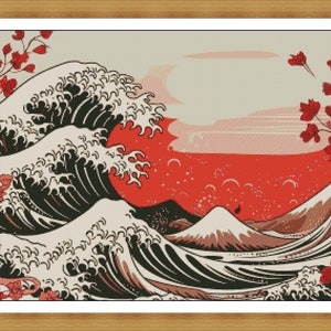 Cross Stitch Pattern,the Great Wave off Kanagawa Red, Hokusai ...