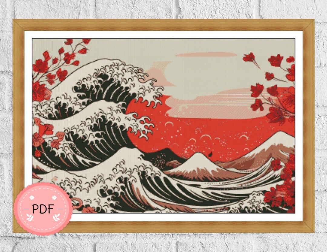 Cross Stitch Pattern,the Great Wave off Kanagawa Red, Hokusai ...