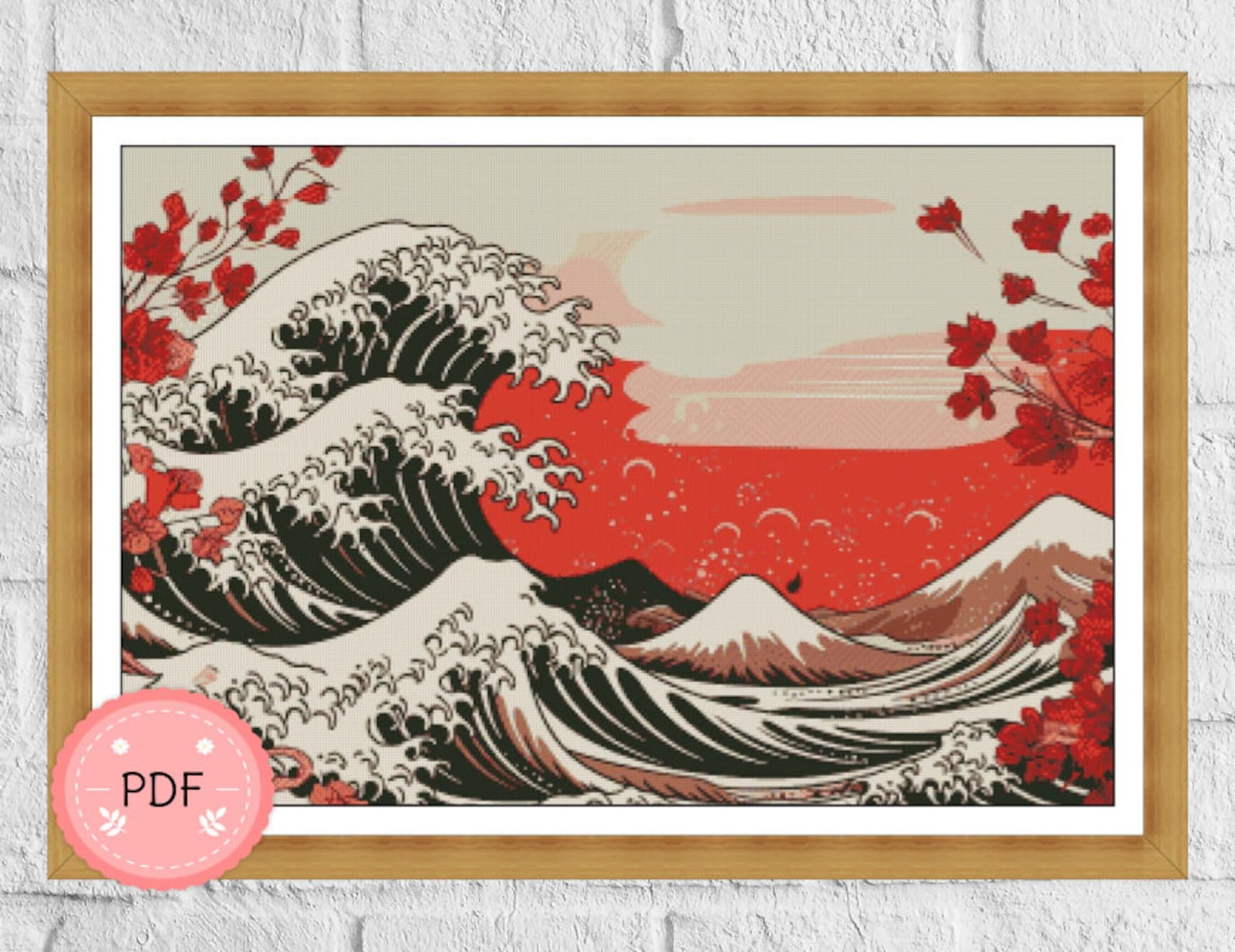 Cross Stitch Pattern,the Great Wave off Kanagawa Red, Hokusai ...