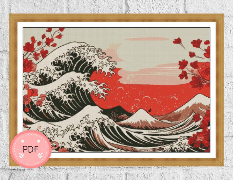 Cross Stitch Pattern,the Great Wave off Kanagawa Red, Hokusai ...