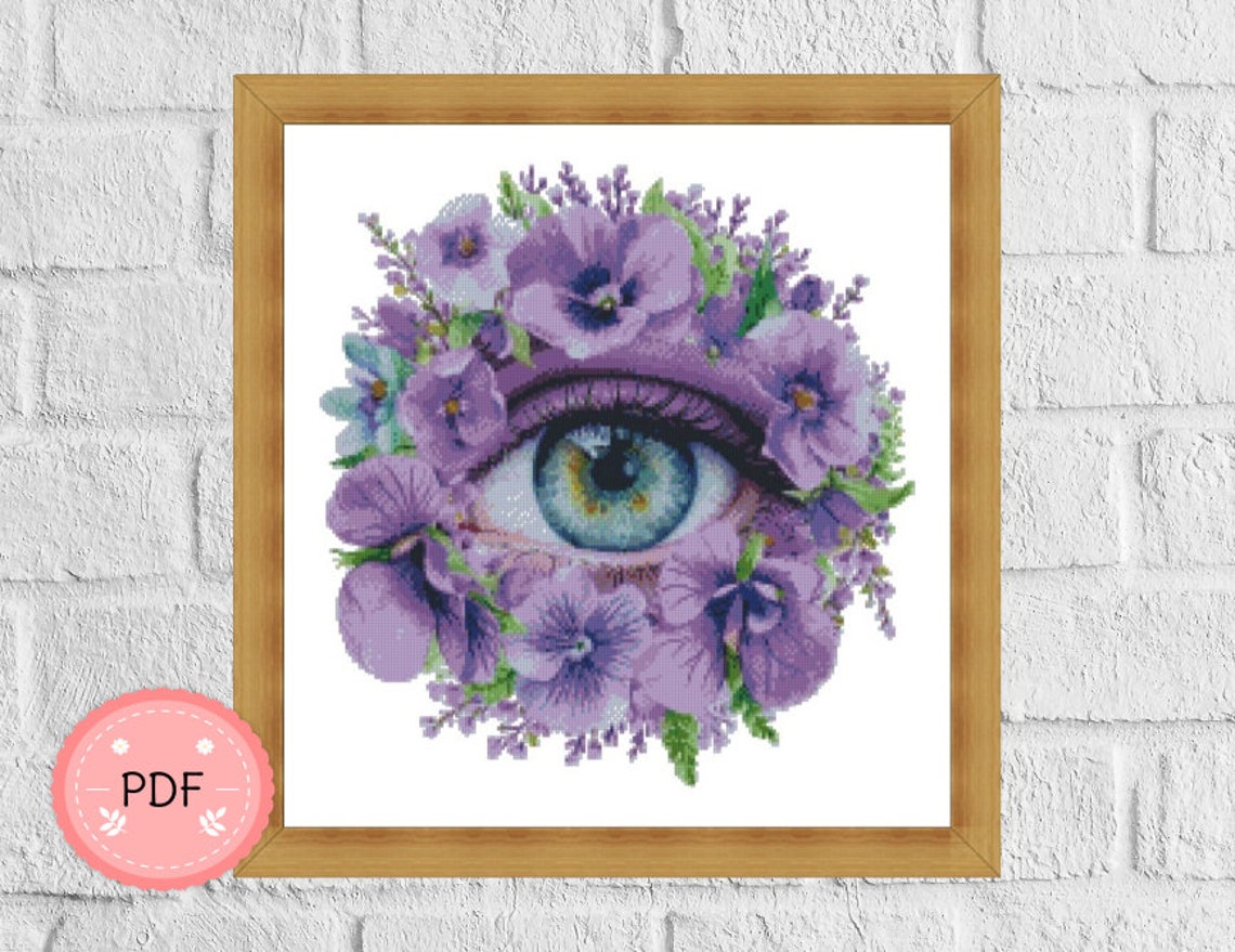 Cross Stitch Pattern,eye Surrounded by Flowers,blue Eye,purple Flowers ...