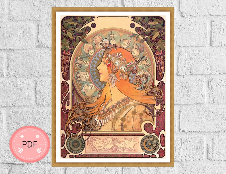 Zodiac Cross Stitch Pattern, Alphonse Mucha,digital Format, Art Nouveau ...
