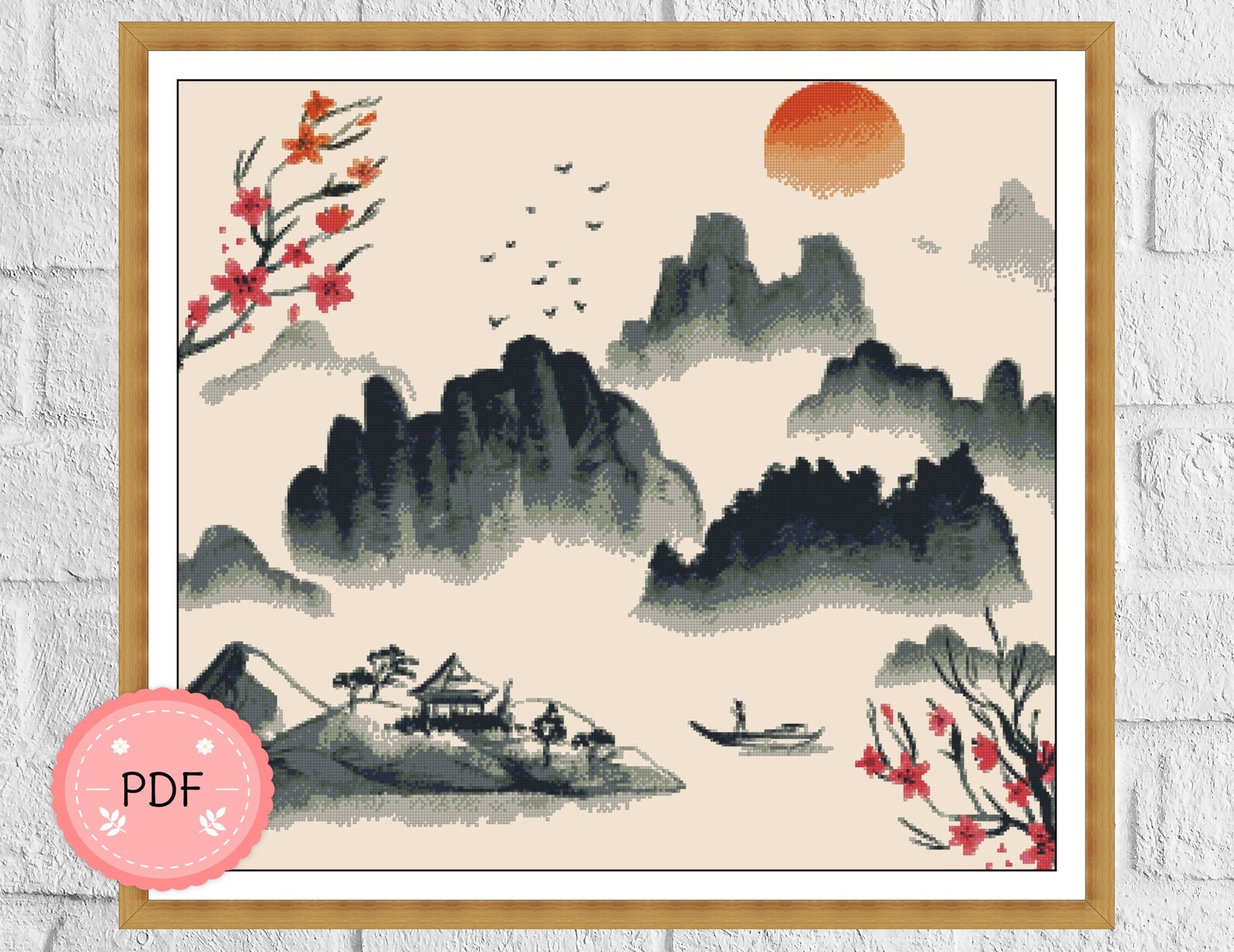 Watercolor Chinese Landscape Cross Stitch Pattern: Asian Cherry Blossom ...