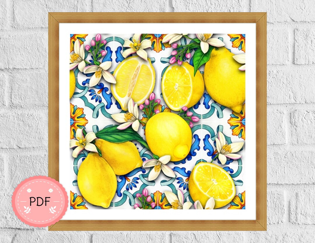 Lemon Cross Stitch Pattern , Mediterranean Tiles With Lemons , Pdf ...
