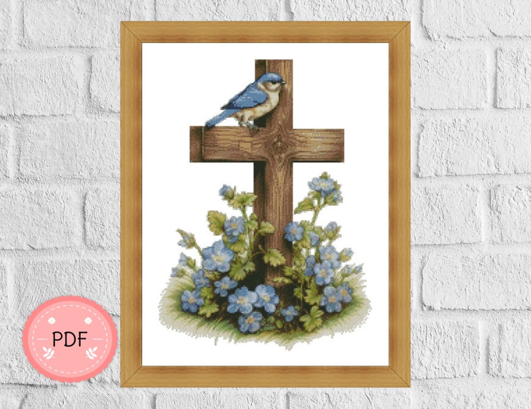 Cross Stitch Pattern,bird Sitting Cross With Flowers Around,christian ...