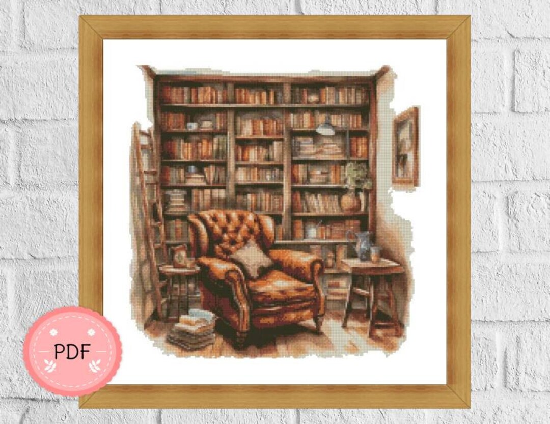 Cozy Reading Room Cross Stitch Pattern: Library Bookshelf (PDF Pattern ...