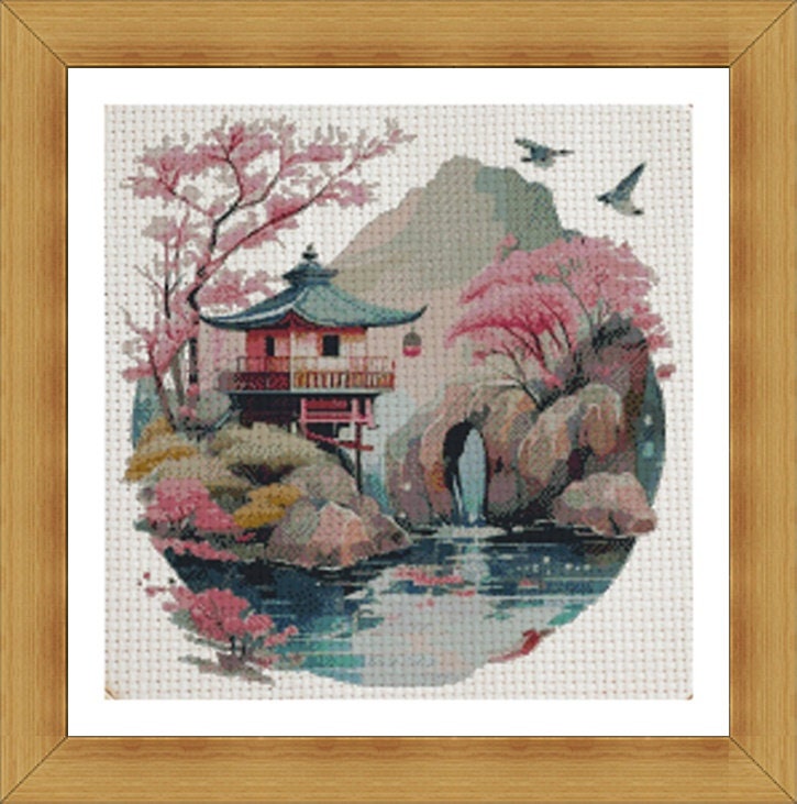 Cross Stitch Pattern,japanese Traditional House by River,sakura ...