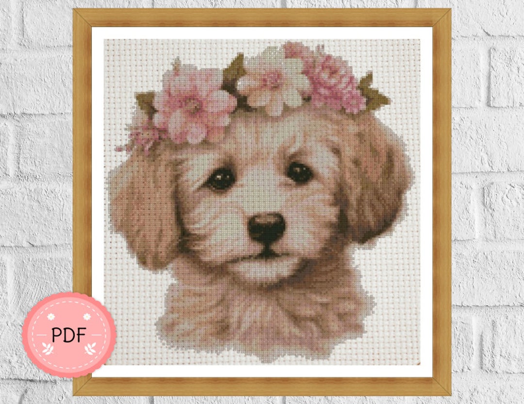 Cross Stitch Pattern,cute Maltipoo With Flowered Headband,pdf,instant ...