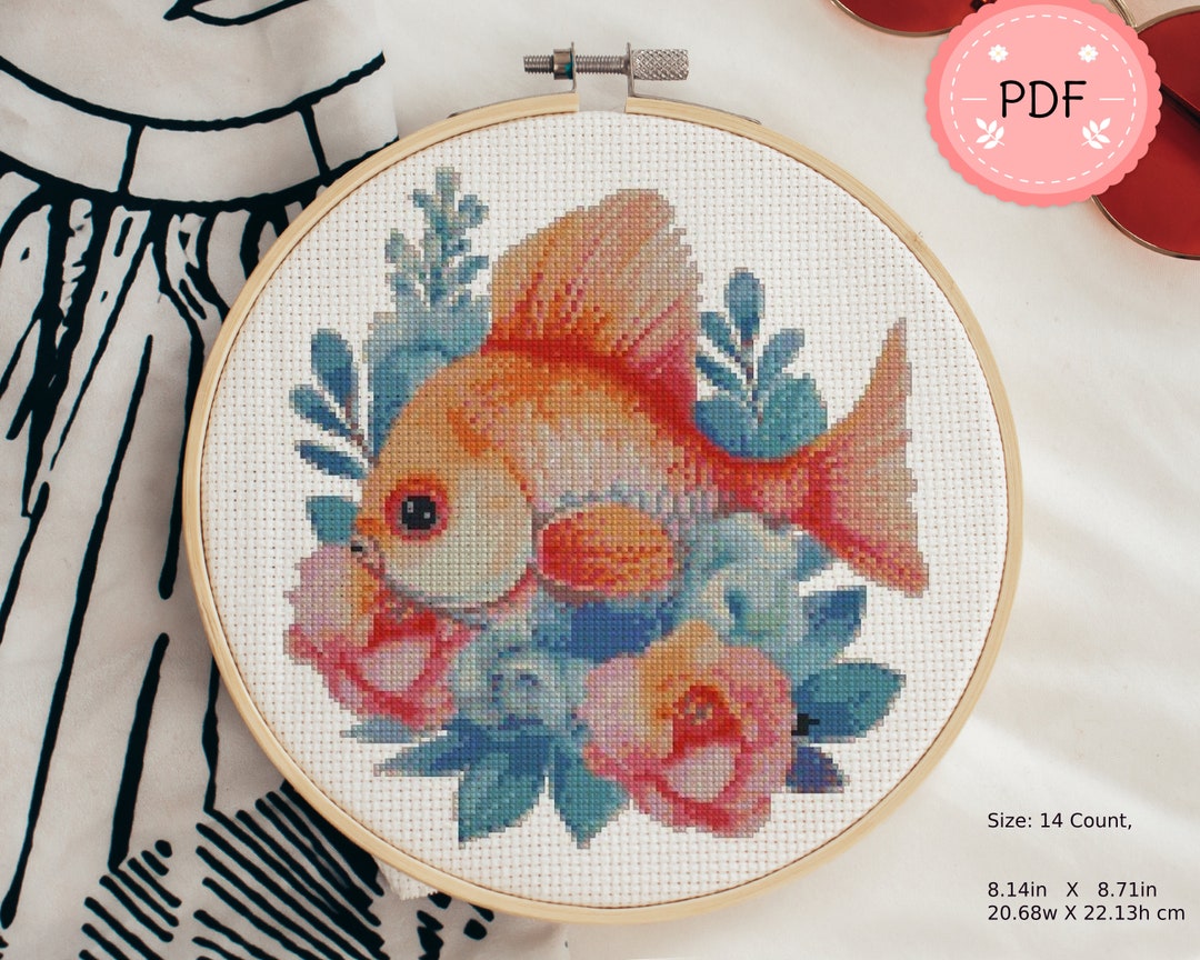 Fish Cross Stitch Pattern,cute Fish With Flowers,watercolor,instant ...