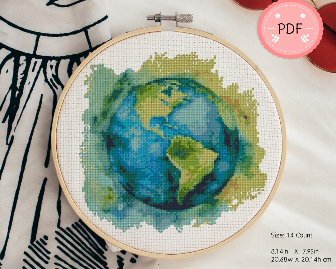 Cross Stitch Pattern, Watercolor Earth,planet ,pdf Format,,instant ...
