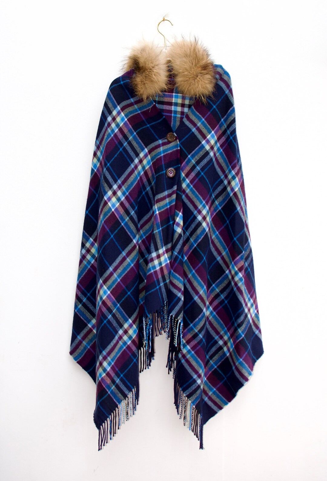 Checked Poncho Button With Hooded Fur One Size Amazing Quality and ...