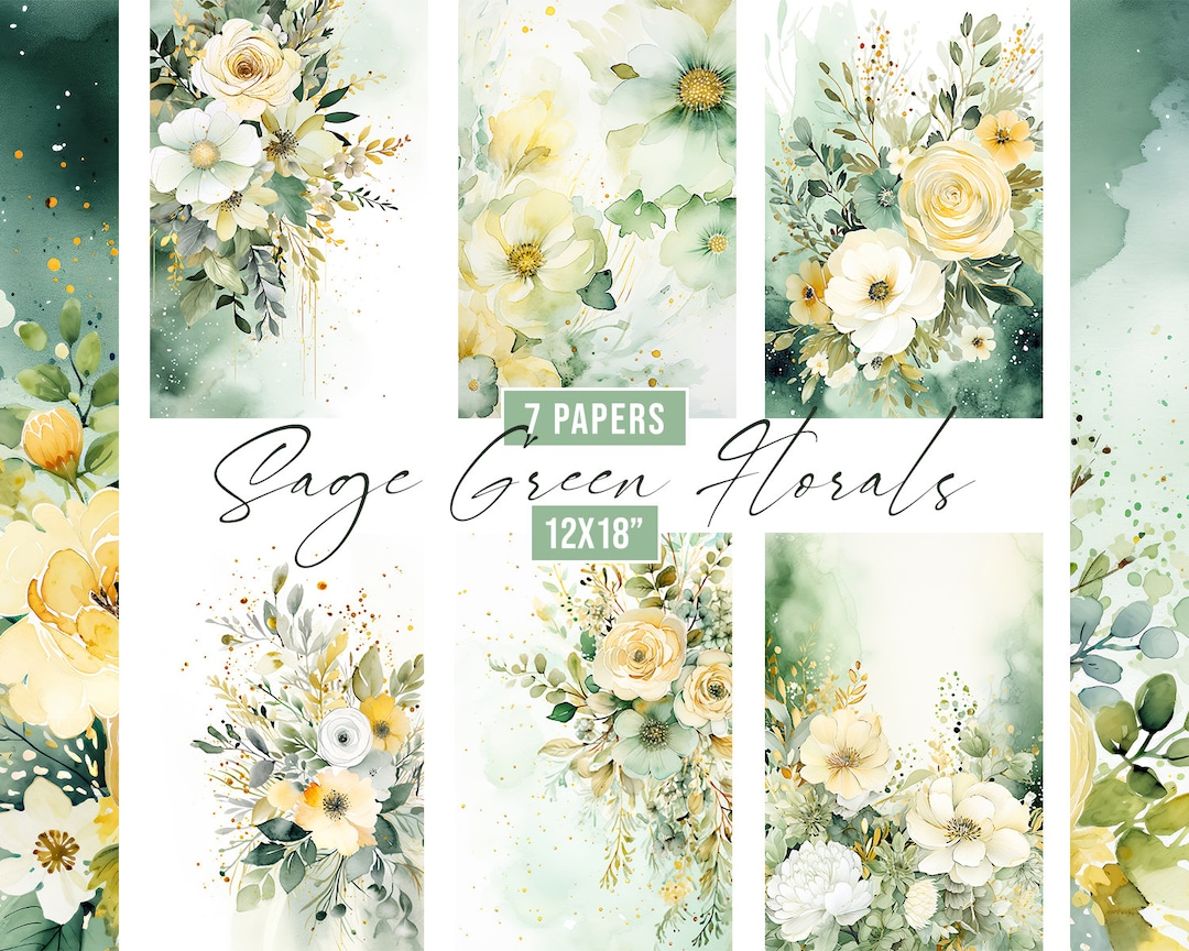 Watercolor Sage Green Floral Digital Papers, Sage Green Background ...