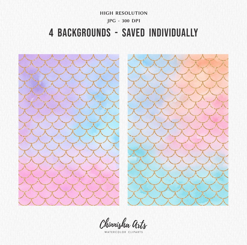 Watercolor Pastel Mermaid Digital Paper, Free Commercial Use, Gold ...