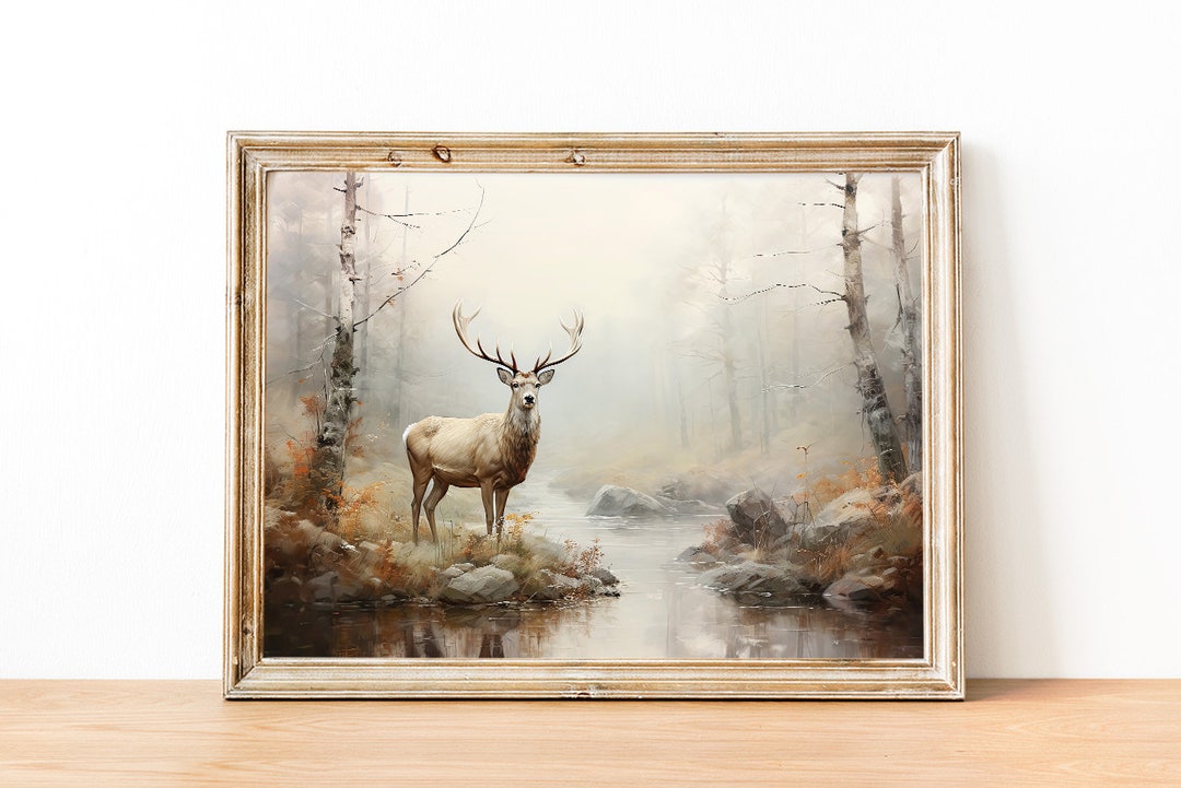 Printable Reindeer Wall Art, Reindeer in Forest Landscape, Vintage ...
