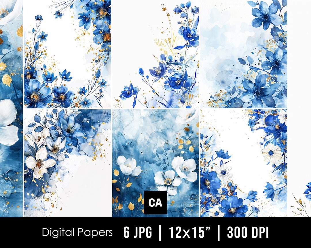 Blue Floral Digital Paper, Watercolor Floral Background, Blue Printable ...