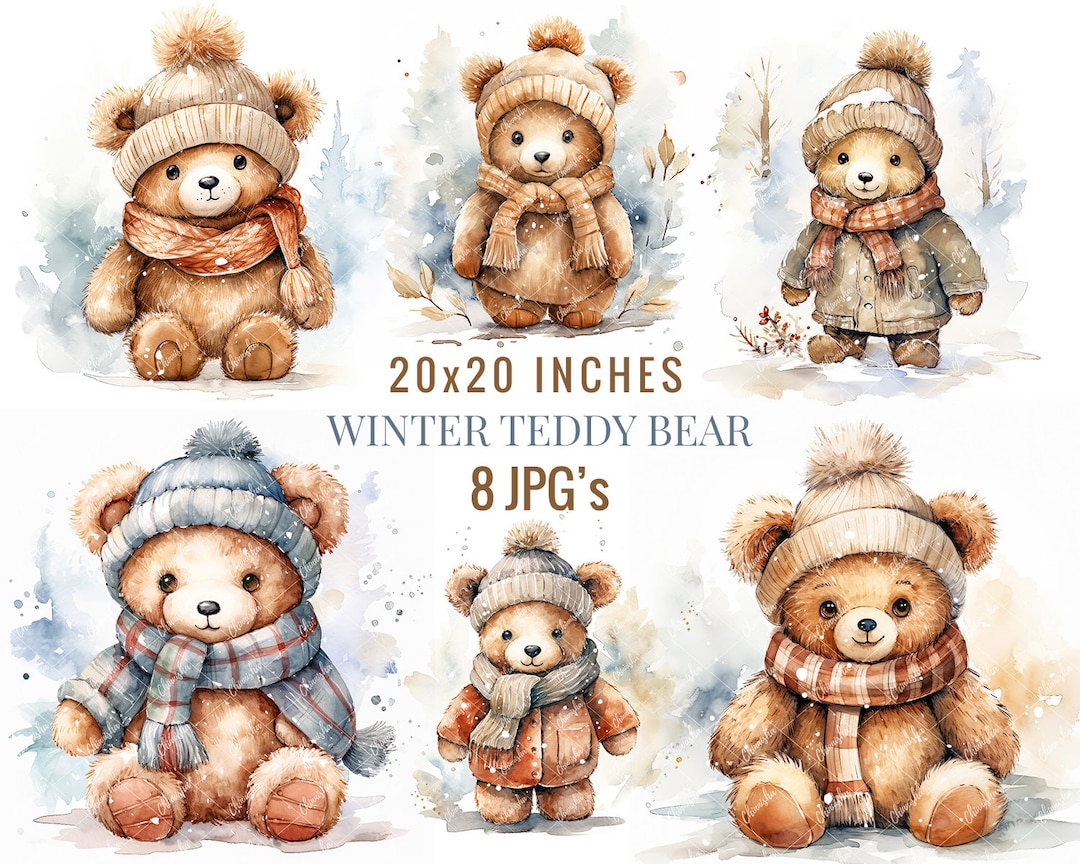 Watercolor Winter Teddy Bear Clipart, 8 Jpgs, Commercial Use, Winter ...
