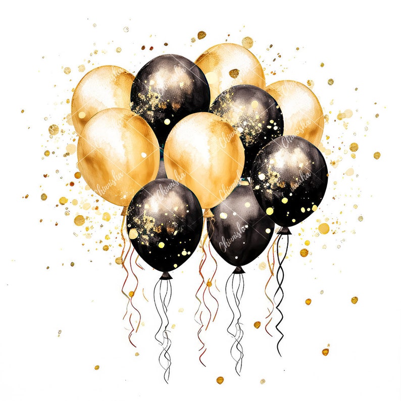 Watercolor Black and Gold Balloons Clipart 8 Jpgs Commercial - Etsy