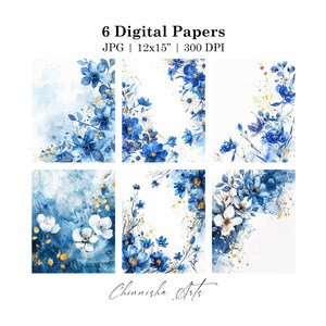Blue Floral Digital Paper, Watercolor Floral Background, Blue Printable ...