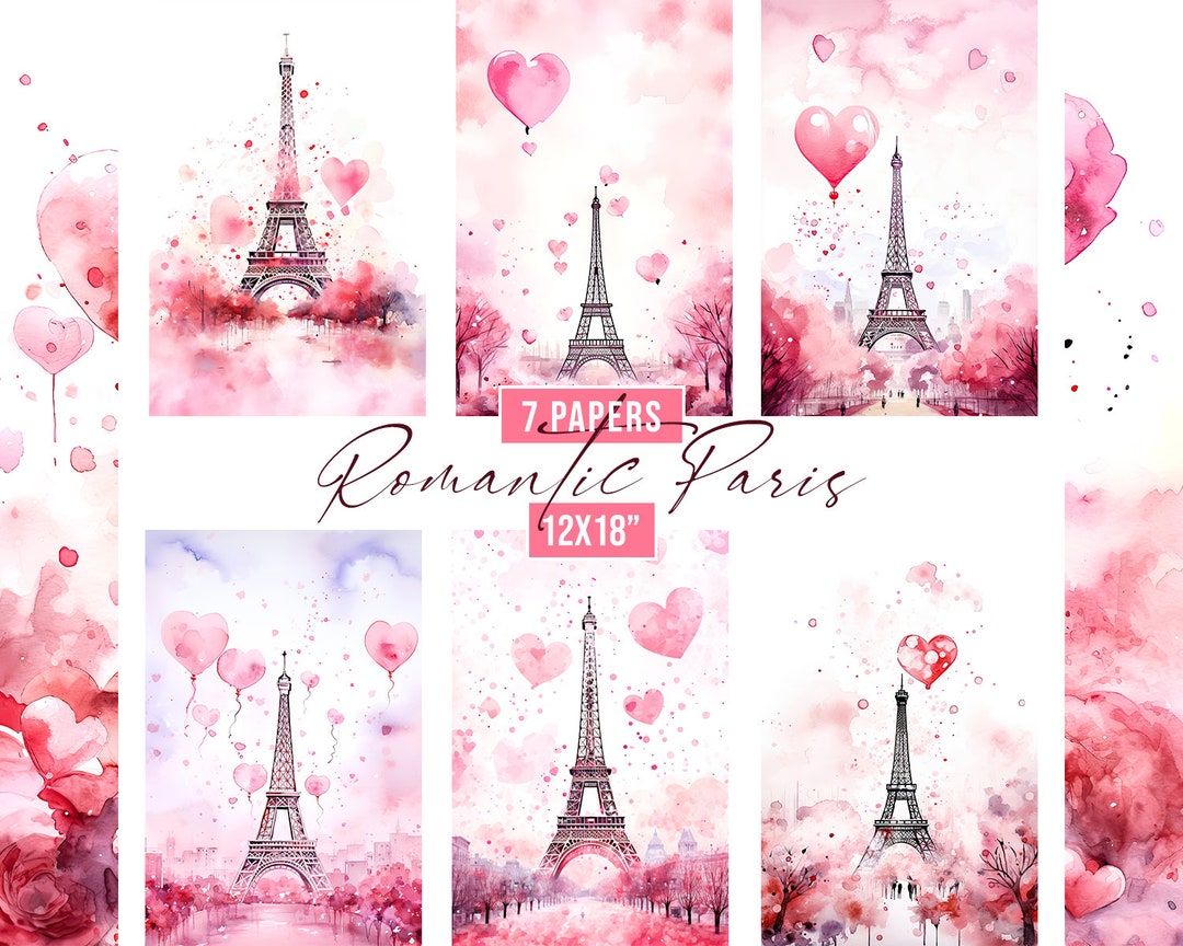 Watercolor Romantic Paris Digital Papers, Eiffel Tower Background ...