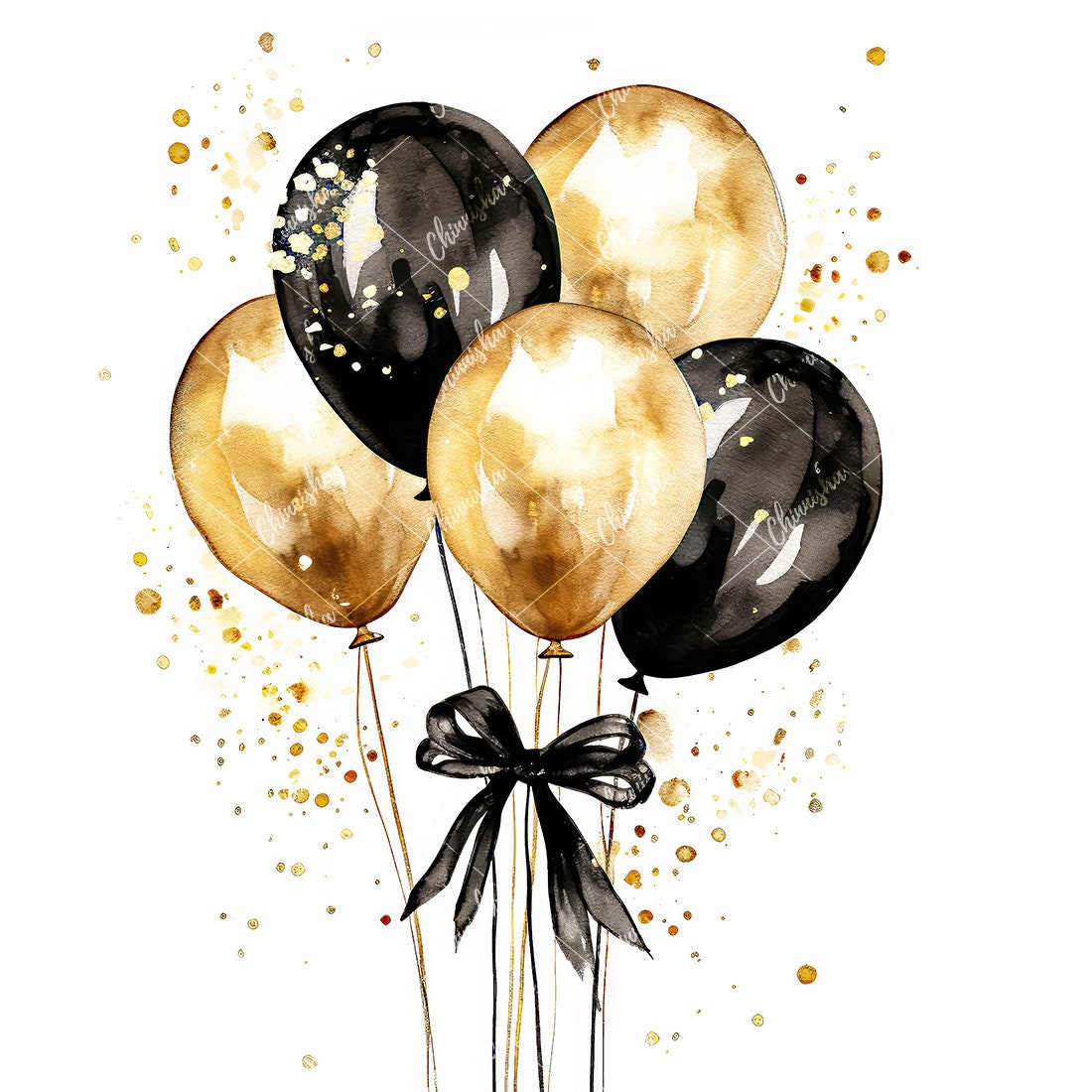 Watercolor Black and Gold Balloons Clipart 8 Jpgs Commercial - Etsy
