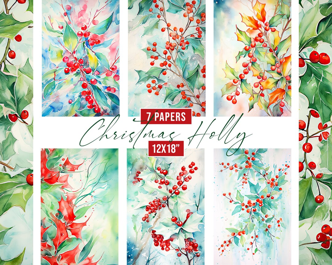 Watercolor Christmas Holly Digital Paper, Scrapbooking Paper, Winter ...