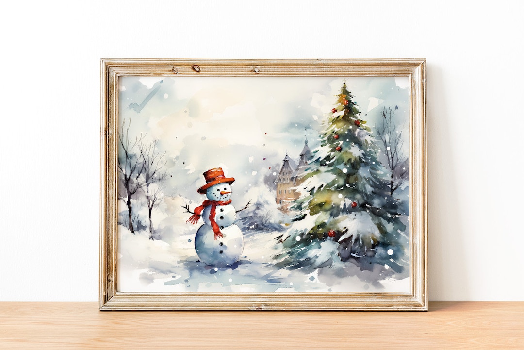 Snowman Print, Winter Landscape Painting, Watercolor Winter Print ...